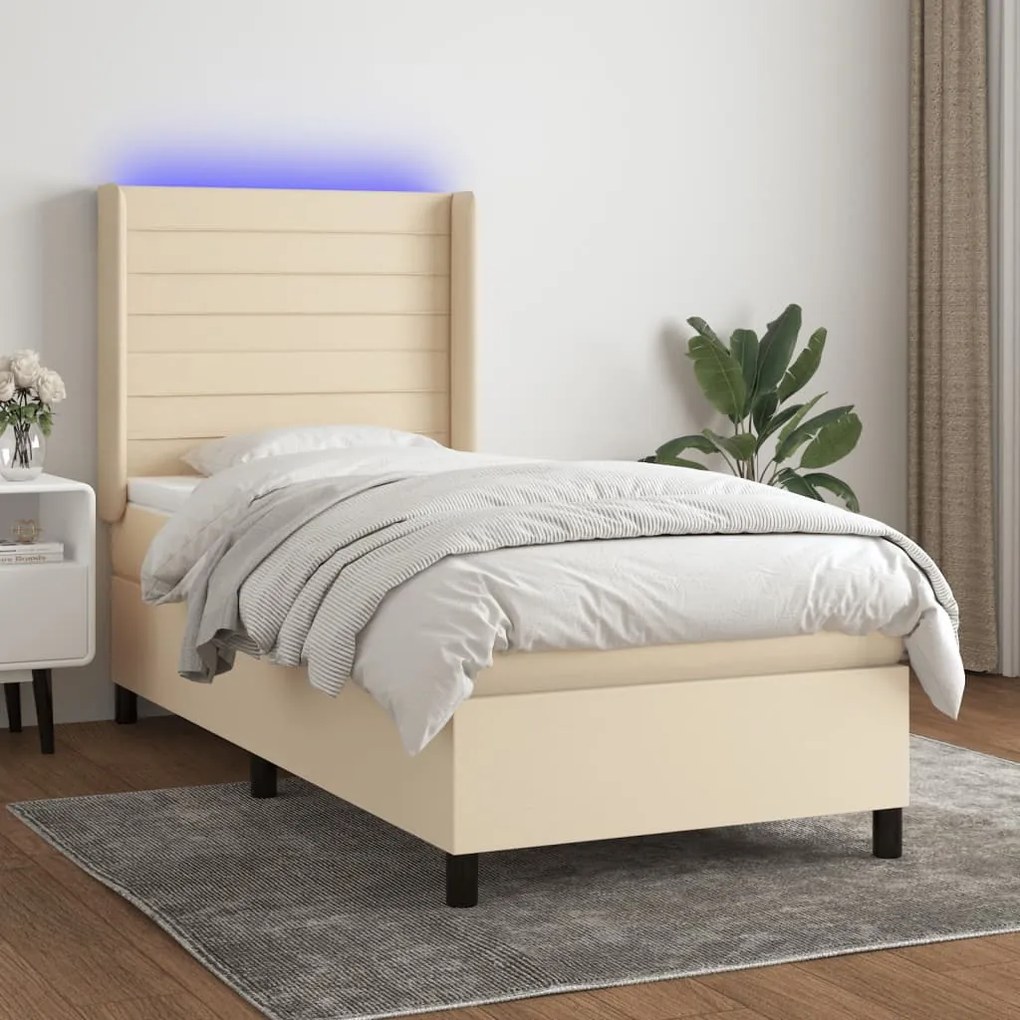 Box spring postel s matrací a LED krémová 100x200 cm textil