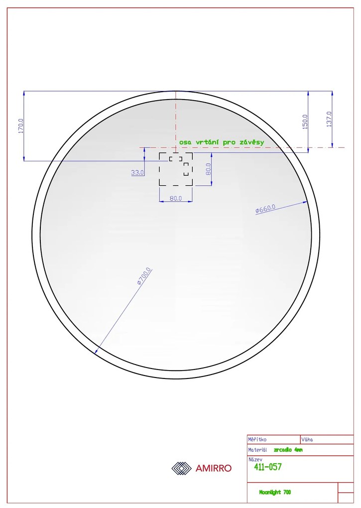 Amirro Zrcadlo na zeď chodbu do pokoje ložnice koupelny předsíně kulaté MOONLIGHT kruh průměr 70 cm s LED podsvíceným okrajem po celém obvodu 411-057