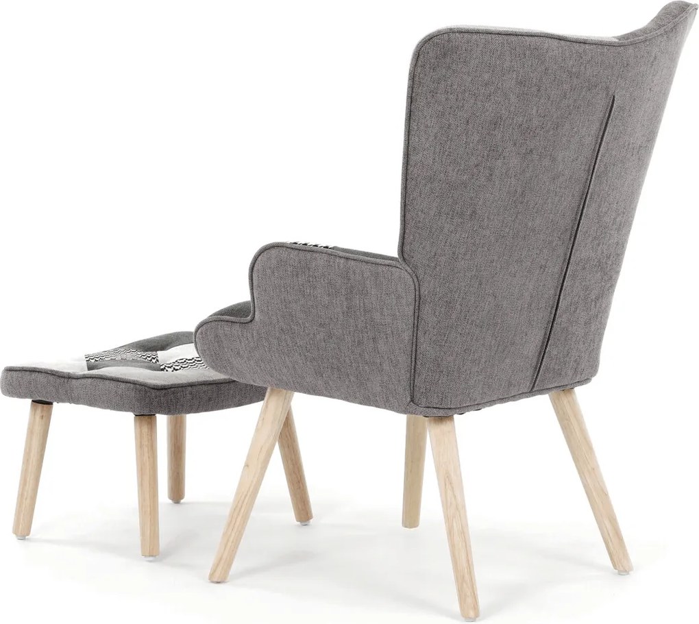 Relaxační křeslo ušák s podnožkou LYRO - šedá patchwork látka