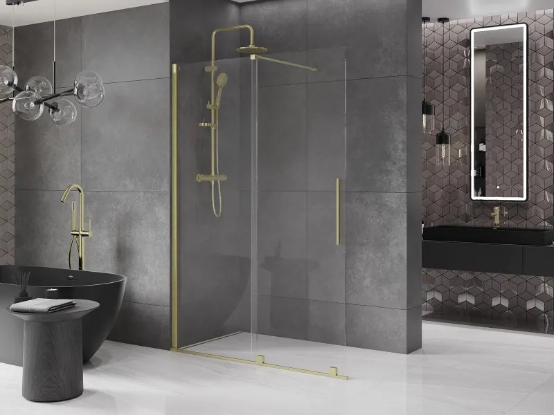 Mexen Velar, posuvné dveře do otvoru typ Walk-In 160 cm, 8mm čiré sklo, zlatá matná, 871-160-000-03-55