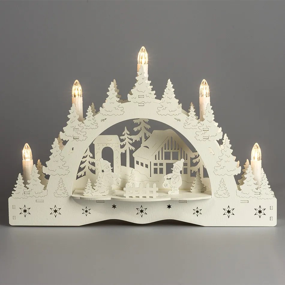 Vánoční LED svícen Zimní krajina, chaloupka a sněhulák, 35 x 23 x 7,5 cm