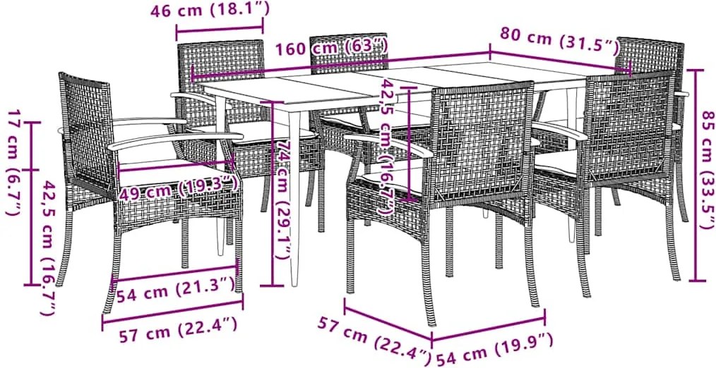 7dílný zahradní jídelní set s poduškami černý polyratan 3213600