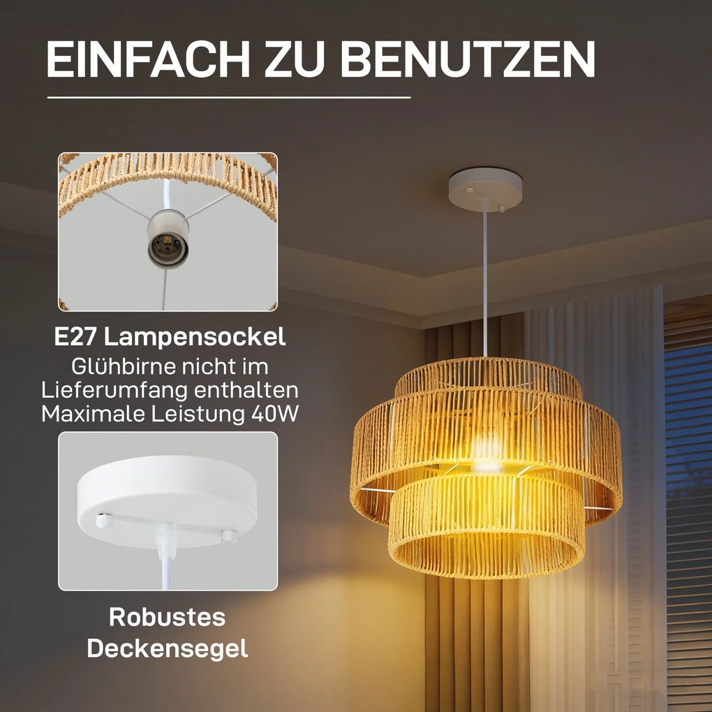 HOMCOM Závěsná lampa, 3stupňové stínidlo, kov, konopné lano, světle hnědá B31-521V00LR