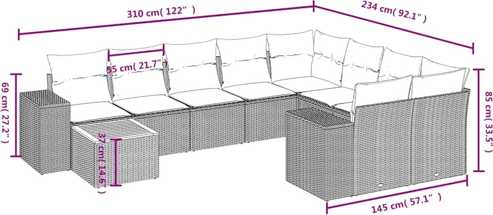 10dílná zahradní sedací souprava s poduškami černá polyratan 3225607