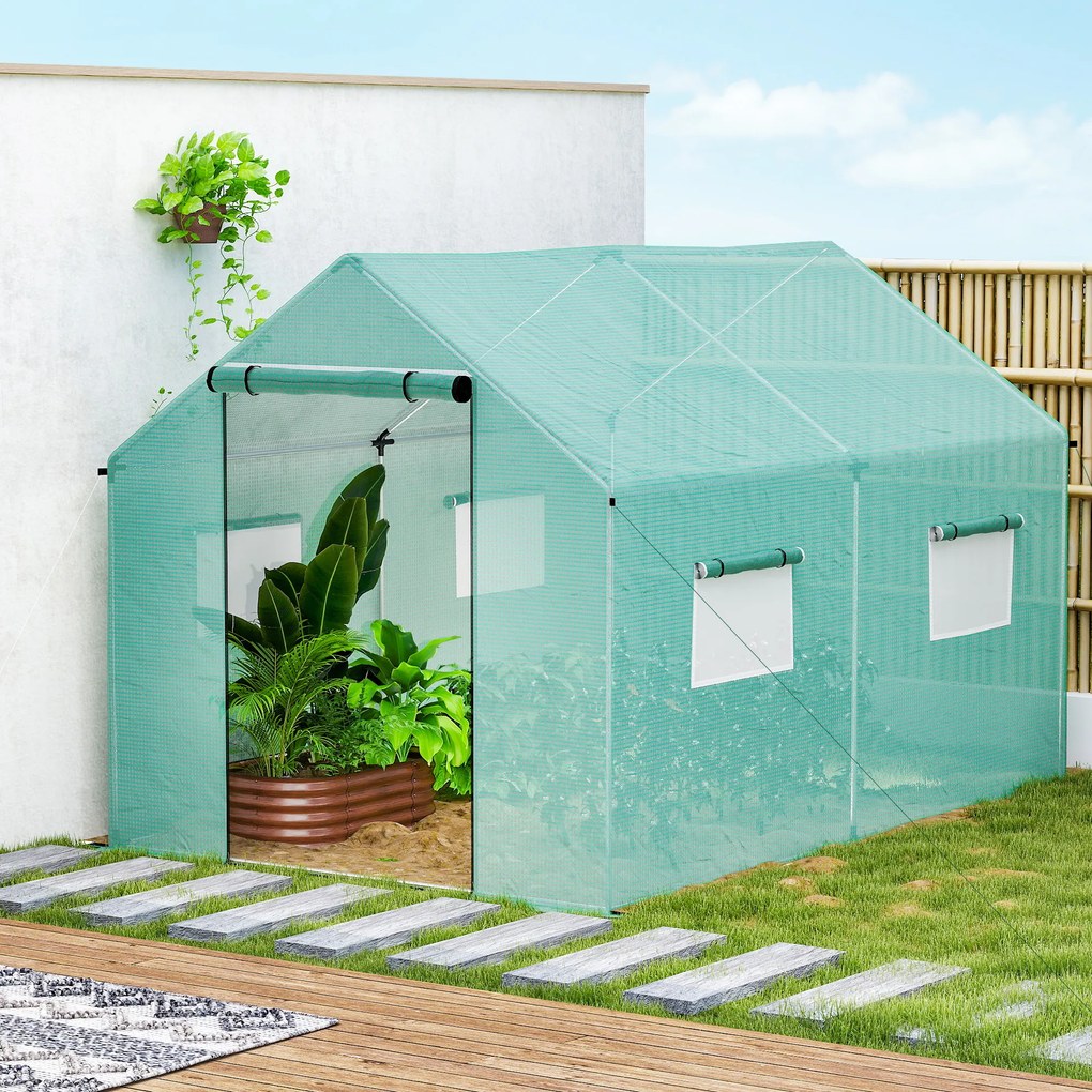 Fóliový skleník Outsunny 2x3x2m odolný proti větru s rolovacím oknem a UV ochranou, ideální pro rajčata, robustní ocelová konstrukce v zelené barvě |