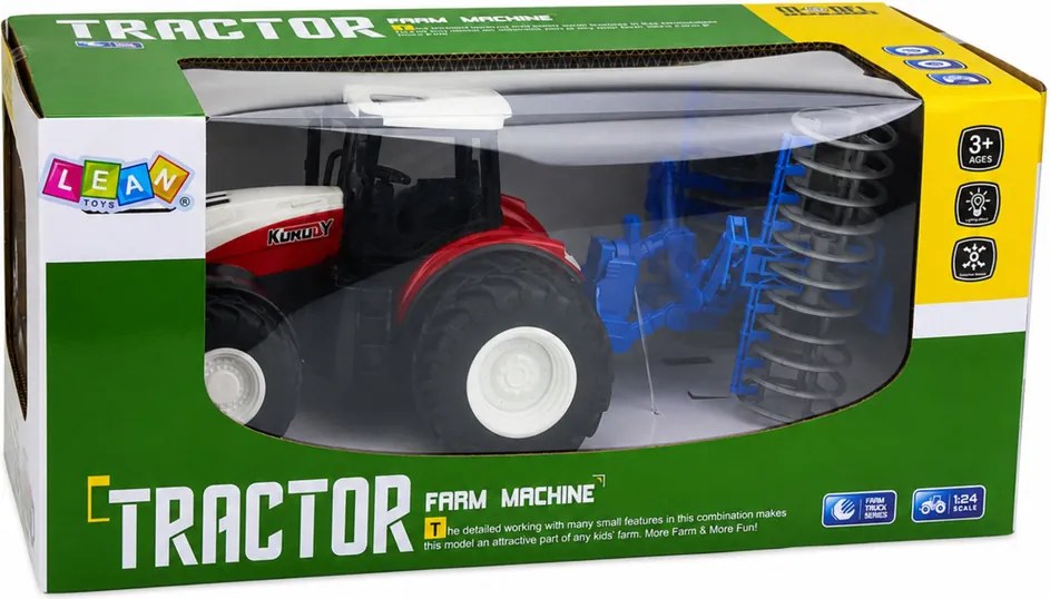 LEAN Toys Traktor se zemědělským válcem, dálkově ovládaný RC, červená světla, měřítko 1:24