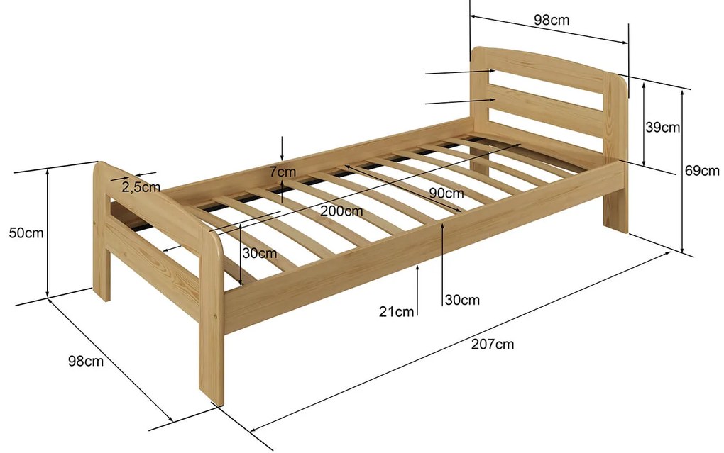 Postel z masivu 90x200 Nastěnka dub s roštem