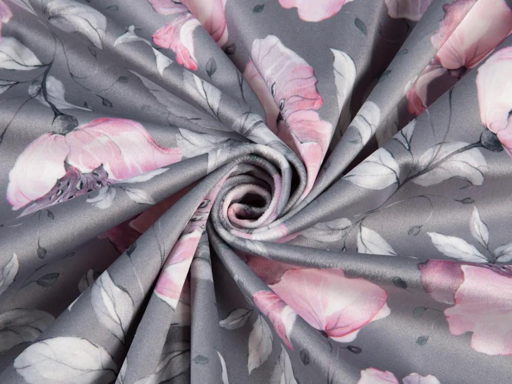 Biante Sametový závěs Tamara TMR-013 Růžové květy na šedém 145x220 cm