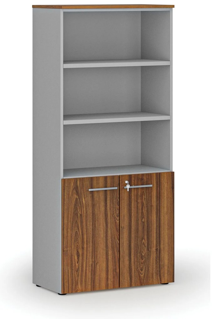 Kombinovaná kancelářská skříň PRIMO GRAY, dveře na 2 patra, 800 x 420 x 1781 mm, šedá/ořech