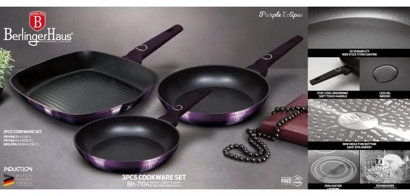 BERLINGERHAUS Pánev s titanovým povrchem sada 3 ks Purple Eclipse Collection gril