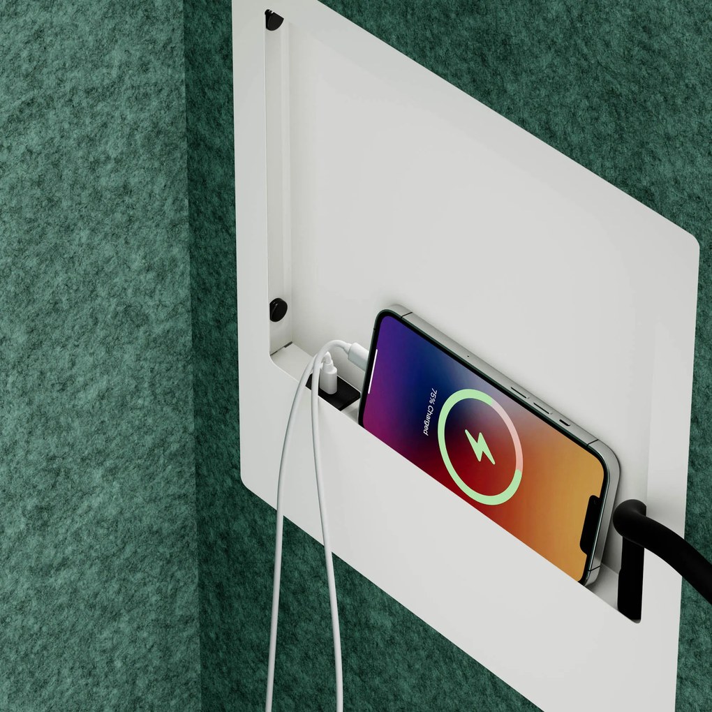 Kancelářská akustická kabina se sedátkem a USB-C portem, korpus bílý / sedák zelený, 1150 mm: SALLY MentalBox