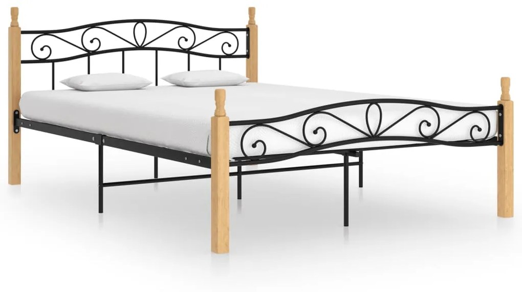 324915 vidaXL Rám postele černý kov a masivní dubové dřevo 160 x 200 cm
