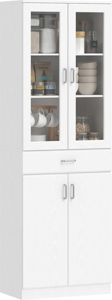 HOMCOM vysoký kuchyňský bufet, kuchyňská skříňka, 4 dveře z toho 2 skleněné, zásuvky, nastavitelné police, 60x35x180cm, bílý
