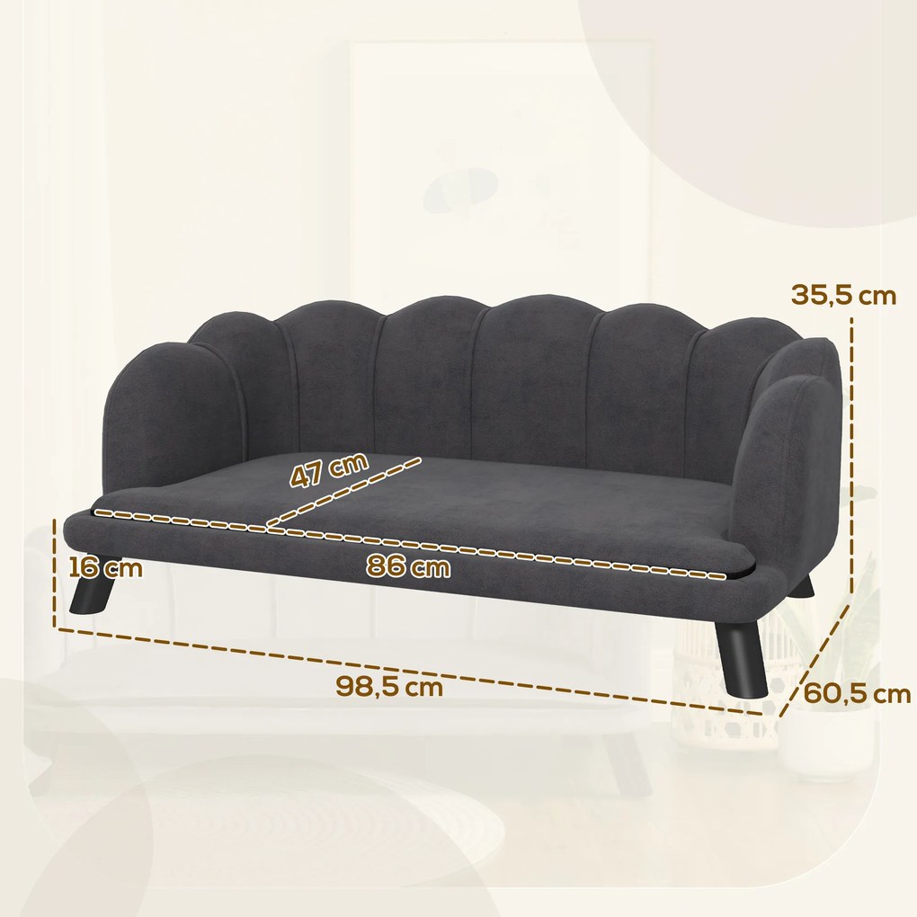 PawHut luxusní pohovka pro psy s dřevěnou opěrkou zad tmavě šedá 98,5x60,5x35,5cm | Aosom