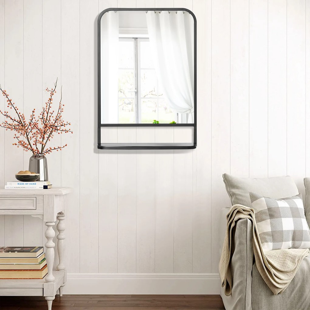 HOMCOM Nástěnné zrcadlo s policí 70x50cm moderní elegantní obdélníkové černé do obývacího pokoje a předsíně