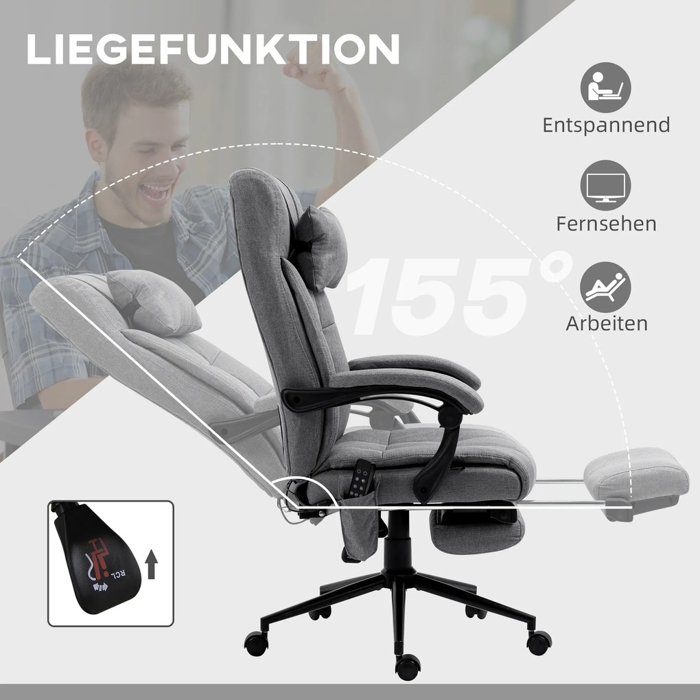 Kancelářská židle Vinsetto s masážní funkcí ergonomická výškově nastavitelná s bederním vyhříváním podnožka podhlavník polyester šedá 66x76x112-120cm…