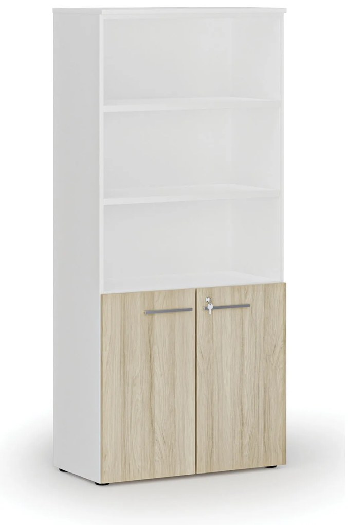 Kombinovaná kancelářská skříň PRIMO WHITE, dveře na 2 patra, 800 x 420 x 1781 mm, bílá/dub přírodní