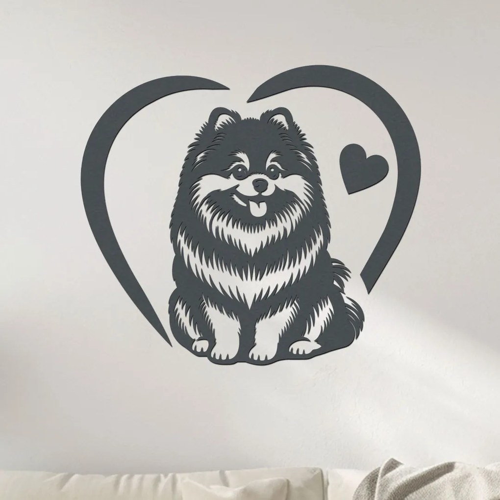 dřevo života Dřevěný obraz psa Pomeranian v srdci Zvolte rozměr (cm): 40x35, Zvolte barvu dekoru: Černá