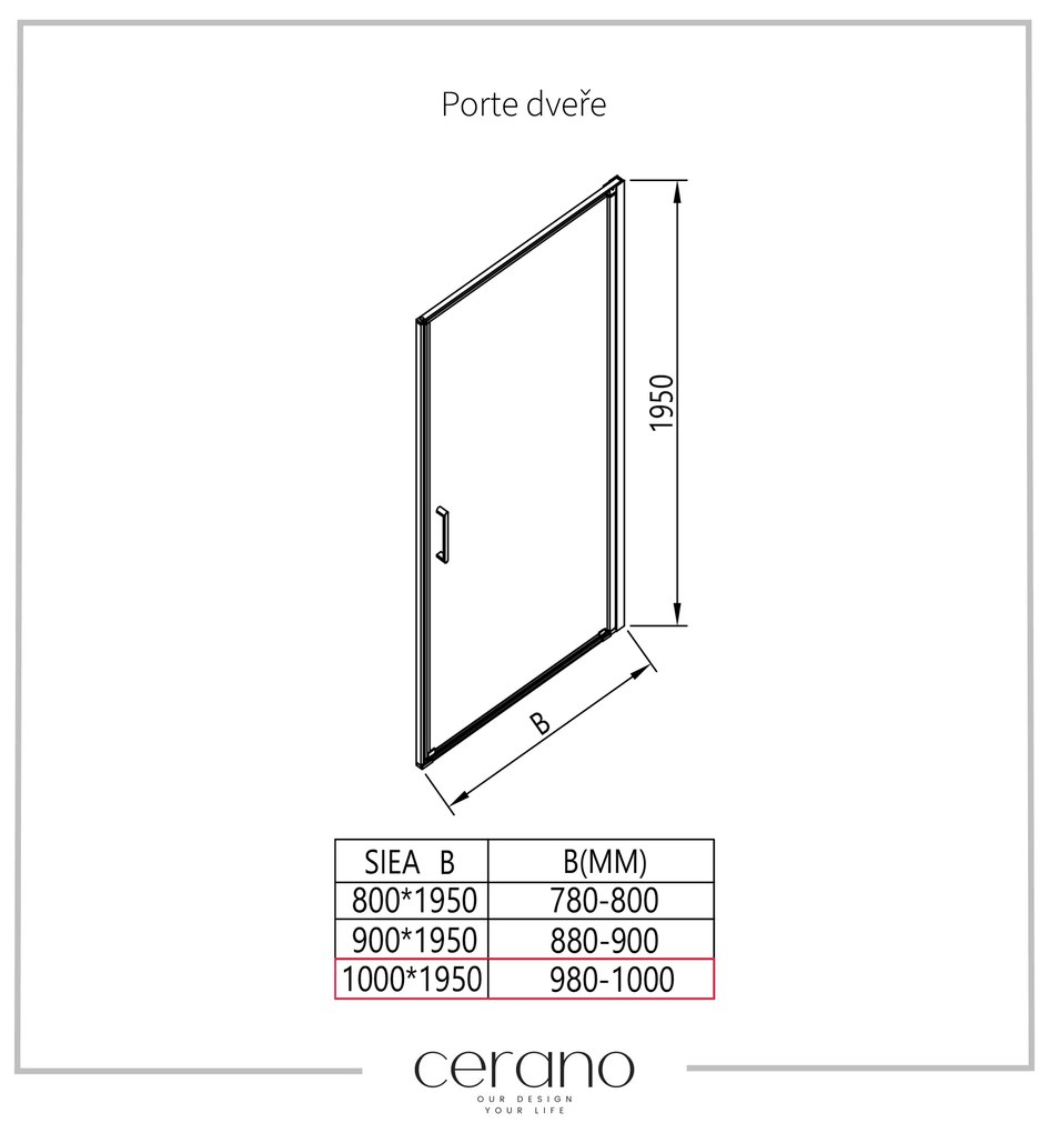 Cerano Porte, 1-křídlé sprchové dveře 100x195 cm, 8mm čiré sklo, chromový profil, CER-CER-413480