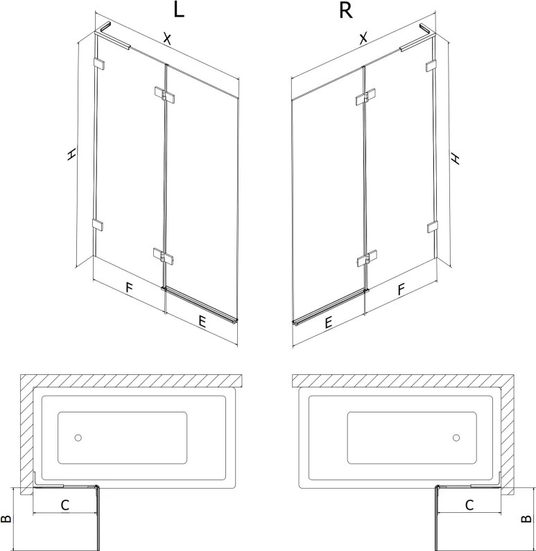 Mexen Lunar L, 2-křídlová vanová zástěna pravá 110 x 150 cm, čiré sklo, měděná matná, 897L-110-100-65-00-P