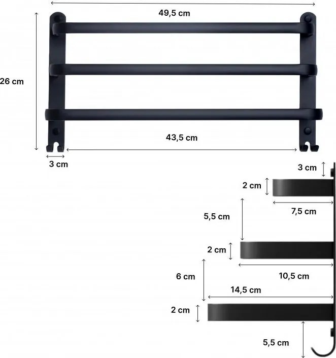 Erga Leso, 3 ramenný žebříkový věšák na ručníky + háčky, černá matná, ERG-YKA-CH.LESO-BLK