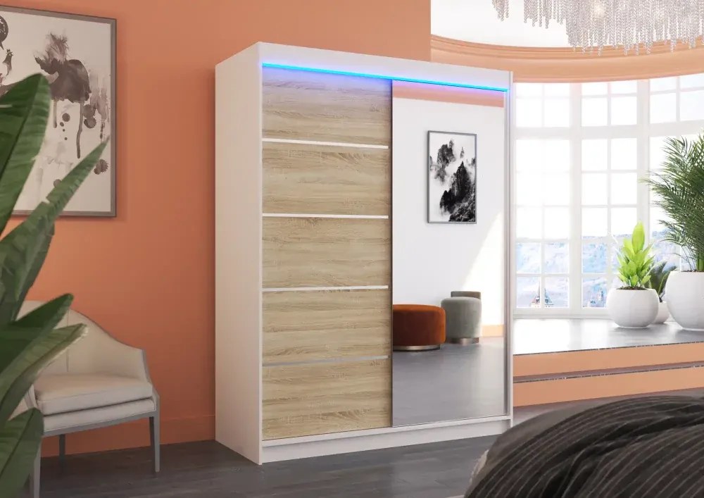 Posuvná skříň se zrcadlem a LED osvětlením LIMBO 150 bílá – sonoma