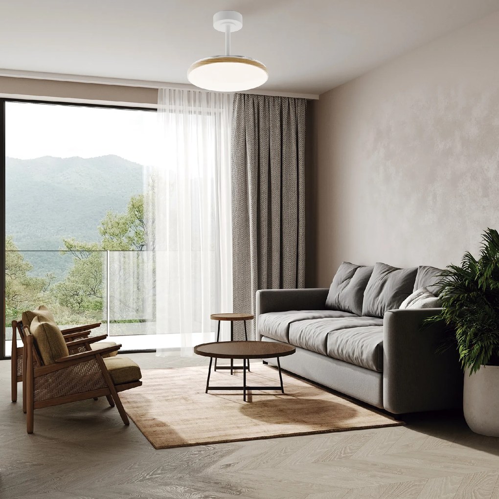 Mantra Slim Mini, rozvinovací ventilátor se svítidlem a dálk. ovladačem, LED 45W 2700-5000K, bílá/dřevěná, průměr 41/90cm