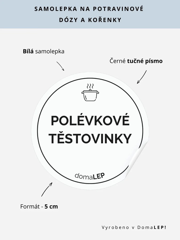 POLÉVKOVÉ TĚSTOVINKY  – bílá samolepka na dózu, tučné písmo, 5 cm | DomaLEP