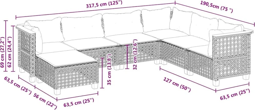 7dílná zahradní sedací souprava s poduškami béžová polyratan 3261940