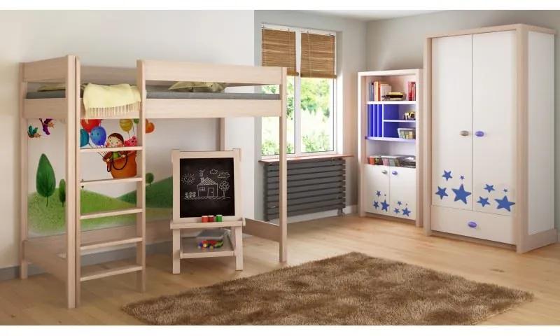 Dětská vyvýšená postel + matrace pěna-kokos - Hugo žebřík zepředu - 200x90cm - Bělený dub