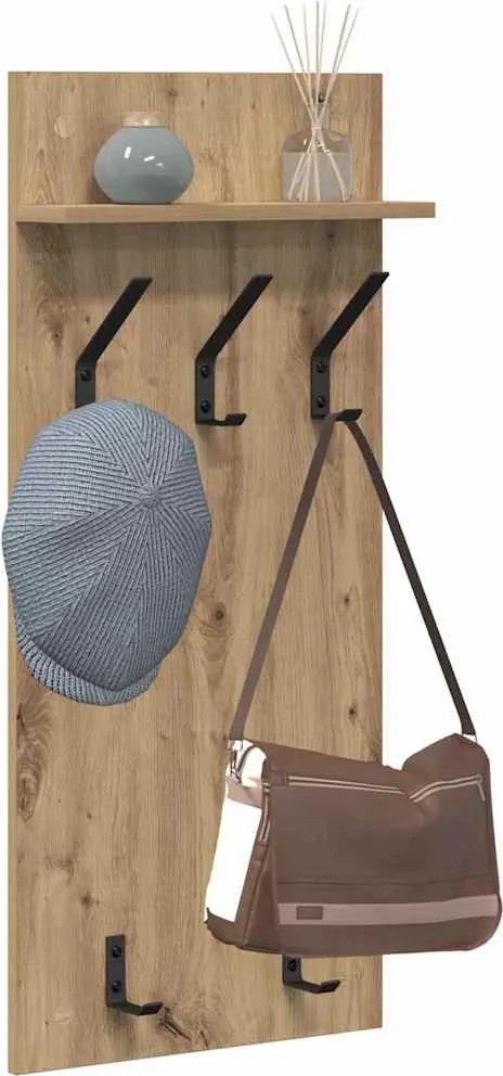 věšák, nástěnný, 1 prkno, polička, háčky, kompozitní dřevo, 90x40x10 cm, dub artisan, Dekorino TK20260010