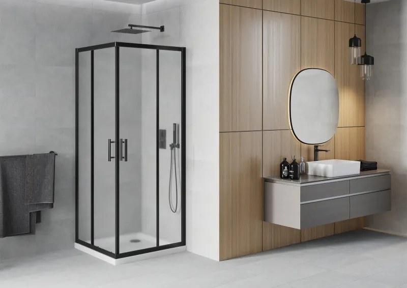 Mexen Rio, sprchový kout s posuvnými dveřmi 90x90x190 cm, 5mm sklo námraza, černý profil + bílá sprchová vanička SLIM, 860-090-090-70-30-4010B