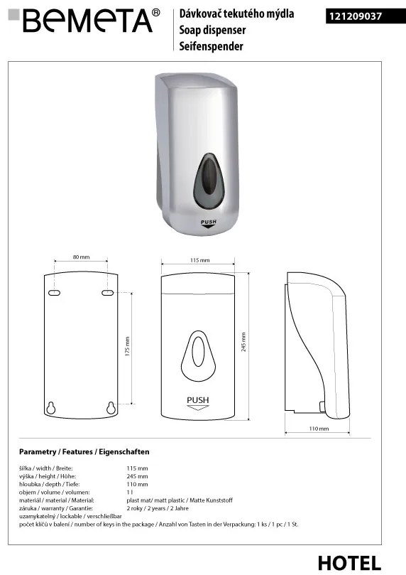 Bemeta Design Dávkovač mýdla, 1000 ml, plast, šedá - 121209037