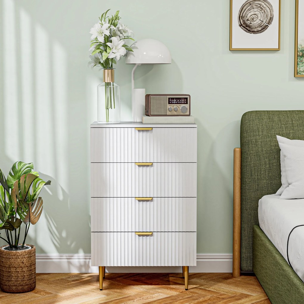 HOMCOM Komoda se 4 Zásuvkami, Moderní Úložný Nábytek s Úchyty a Zlatými Nohami, pro Ložnici, Obývací Pokoj, Rozměry 60 x 40 x 96 cm, Bílá | Aosom