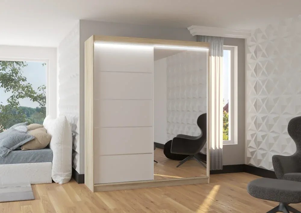 Posuvná skříň se zrcadlem a LED osvětlením CARO 180 sonoma – bílá