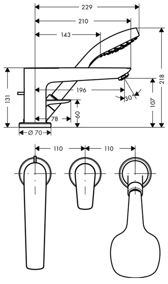 Hansgrohe Talis E, tříotvorová vanová baterie se sadou Secuflex, chromová, 71730000
