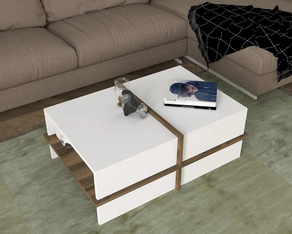 Konferenční stolek PUNO 90x60 cm, matná bílá a vlašský ořech