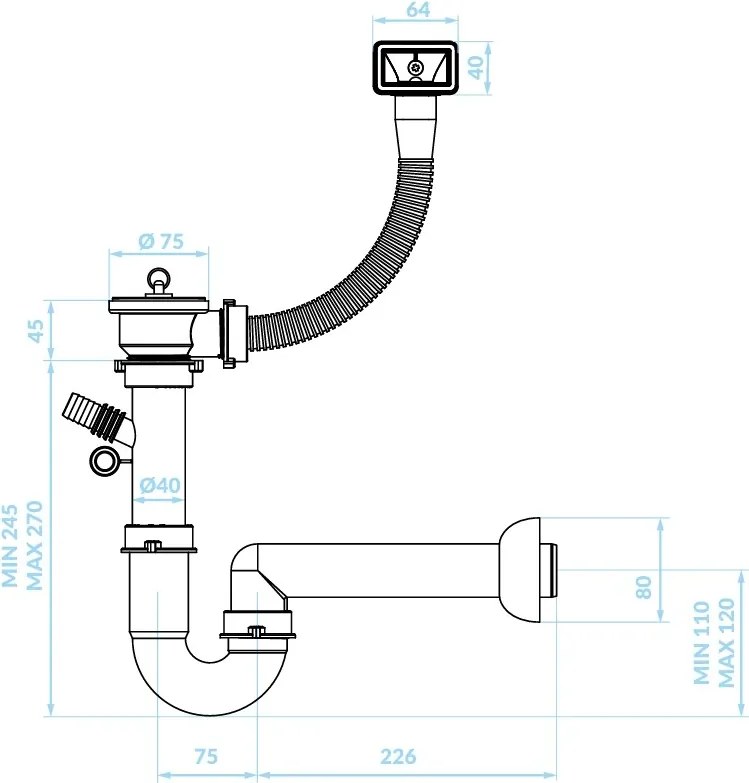Kuchinox Kuchinox, sifon 2" s přepadem pro 1-komorový dřez, ocelová, LAV-OKS_B13T