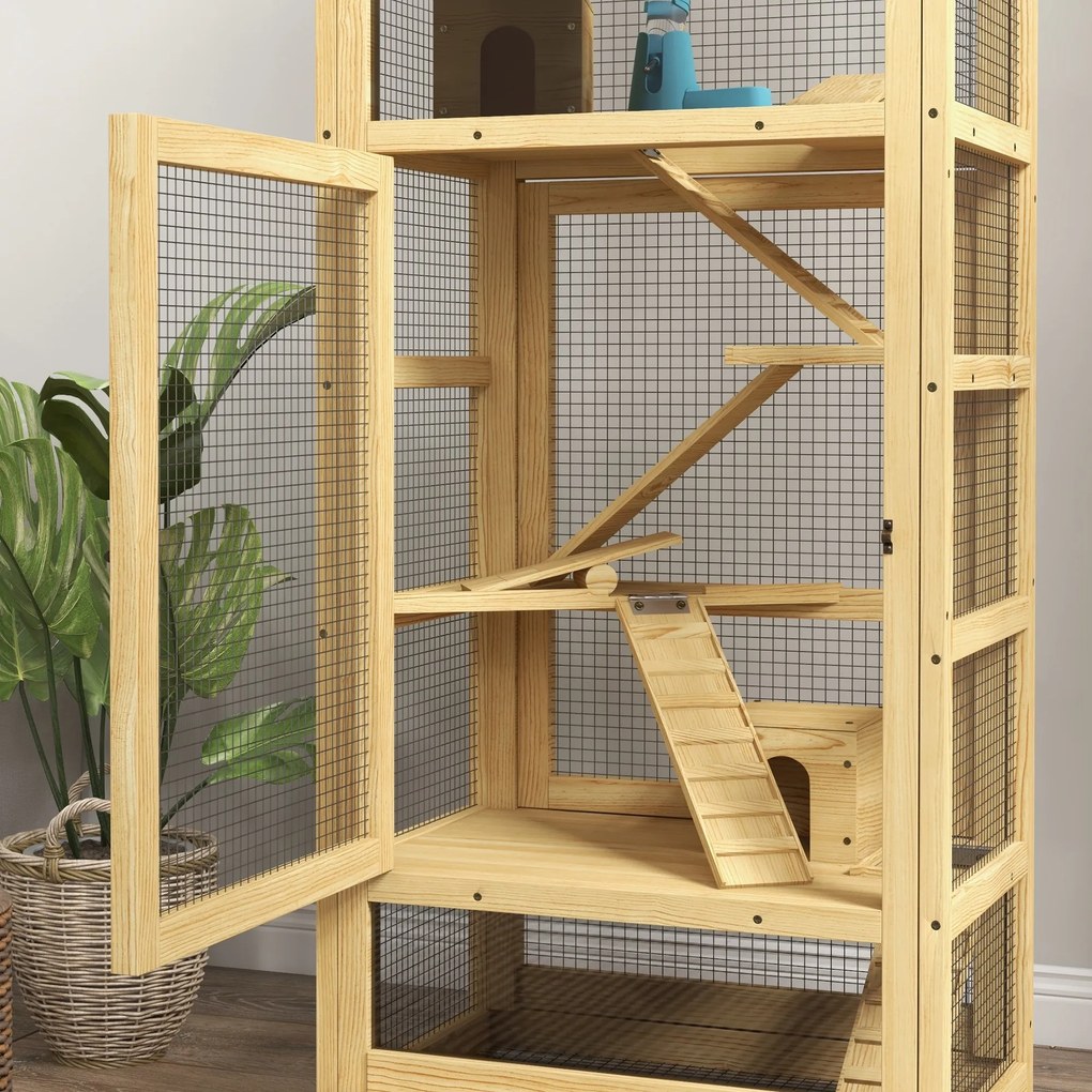 Klec pro křečka nebo myš PawHut, dřevěná pro malá zvířata, 5 úrovní s žebříkem, domeček, houpačka, odnímatelný tác, dávkovač vody, 54 x 38 x 131 cm, …