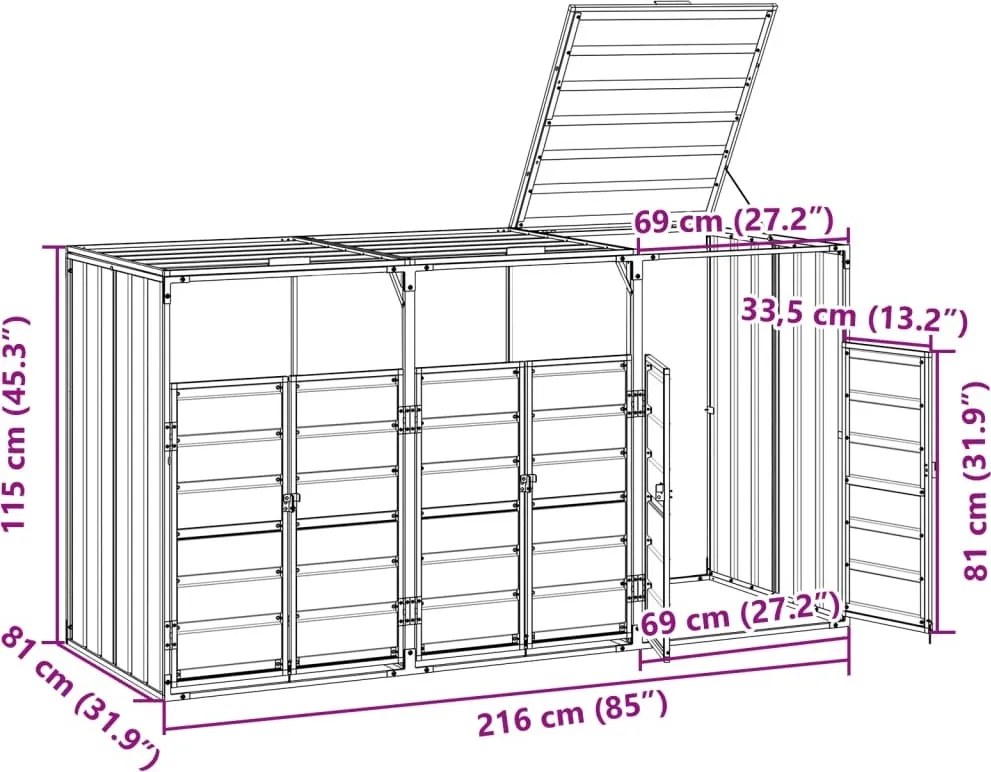 vidaXL Box na 3 popelnice 216 x 81 x 115 cm ocel [4006182] Barva: Zelená