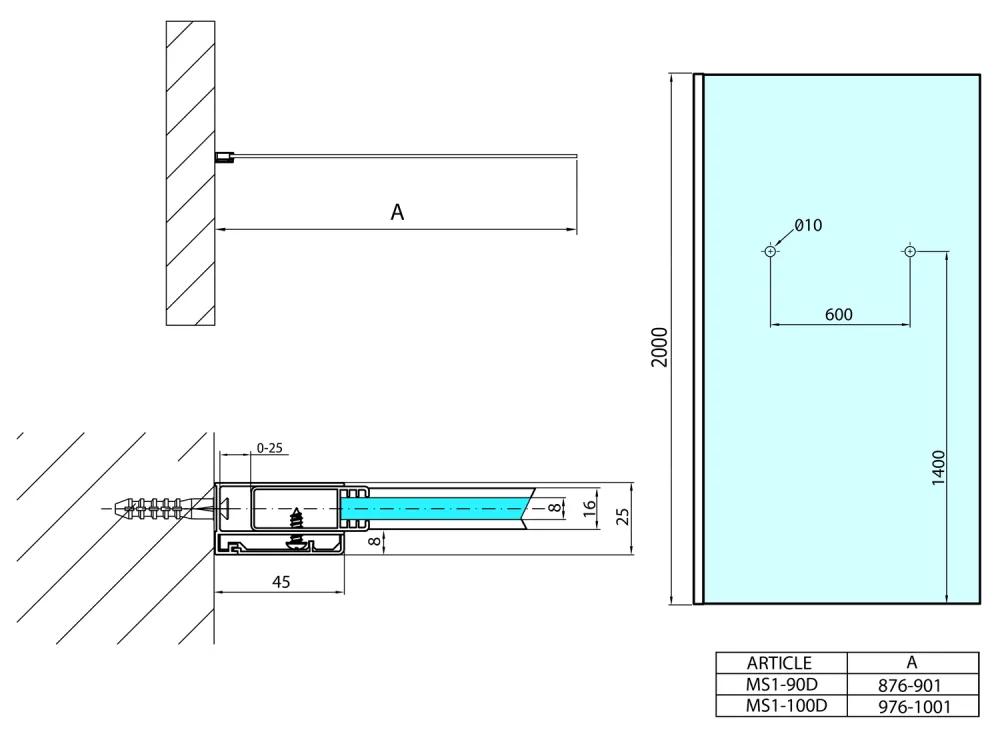Polysan MODULAR SHOWER jednodílná zástěna pevná k instalaci na zeď, s otvory na držák ručníků, 900 mm MS1-90-D