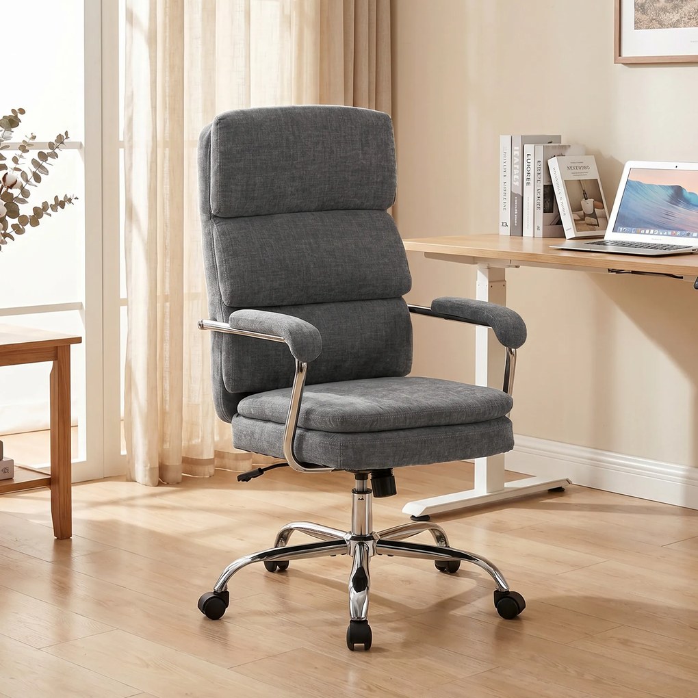 HOMCOM ergonomická kancelářská židle z chenillu s polstrovanými loketními opěrkami, nastavitelná výška a sklon, 360° otočná, šedá