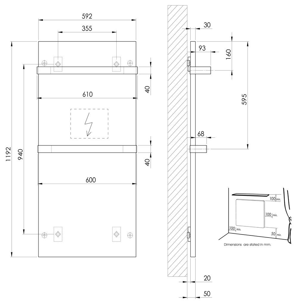 Sapho ENIS koupelnový sálavý topný panel 600W, 590x1200 mm, držáky ručníků, IP44, černá mat - RH600B-2