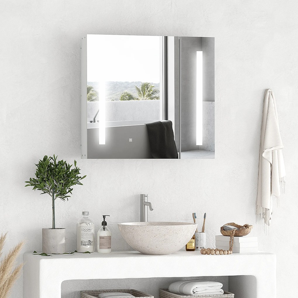 kleankin Nástěnná zrcadlová skříňka do koupelny s LED osvětlením, 2 dveře s 3 úrovněmi, 70 x 15 x 65 cm, bílá
