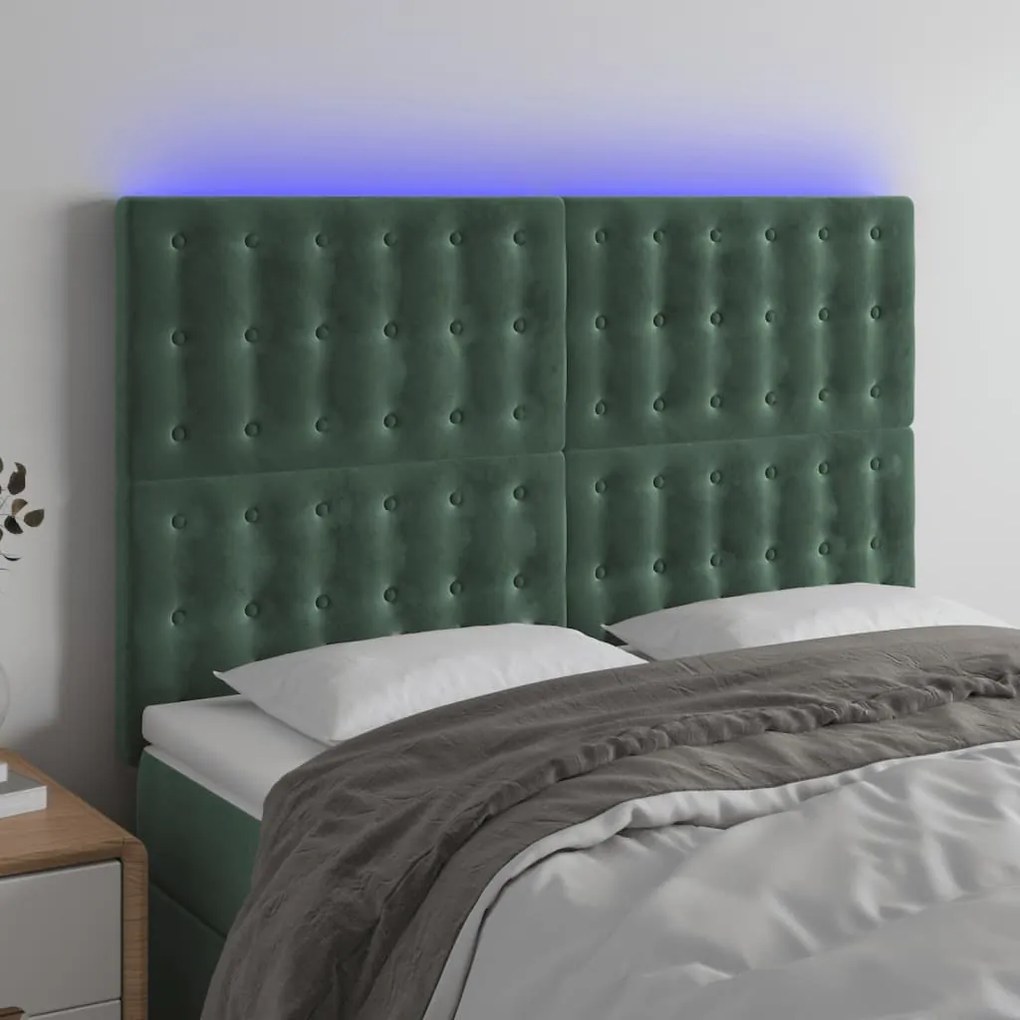 Čelo postele s LED tmavě zelená 144x5x118/128 cm samet 3122909