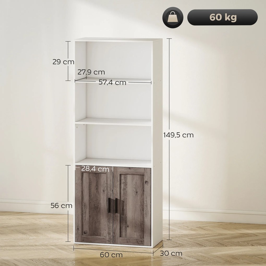 HOMCOM Knihovnička úzká Knihovnička s dveřmi Otevřené police a skříň 60x30x149,5 cm Bílá a hnědá