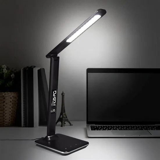 SOLIGHT LED stolní lampička s displejem, 9W, volba teploty světla, kůže, černá