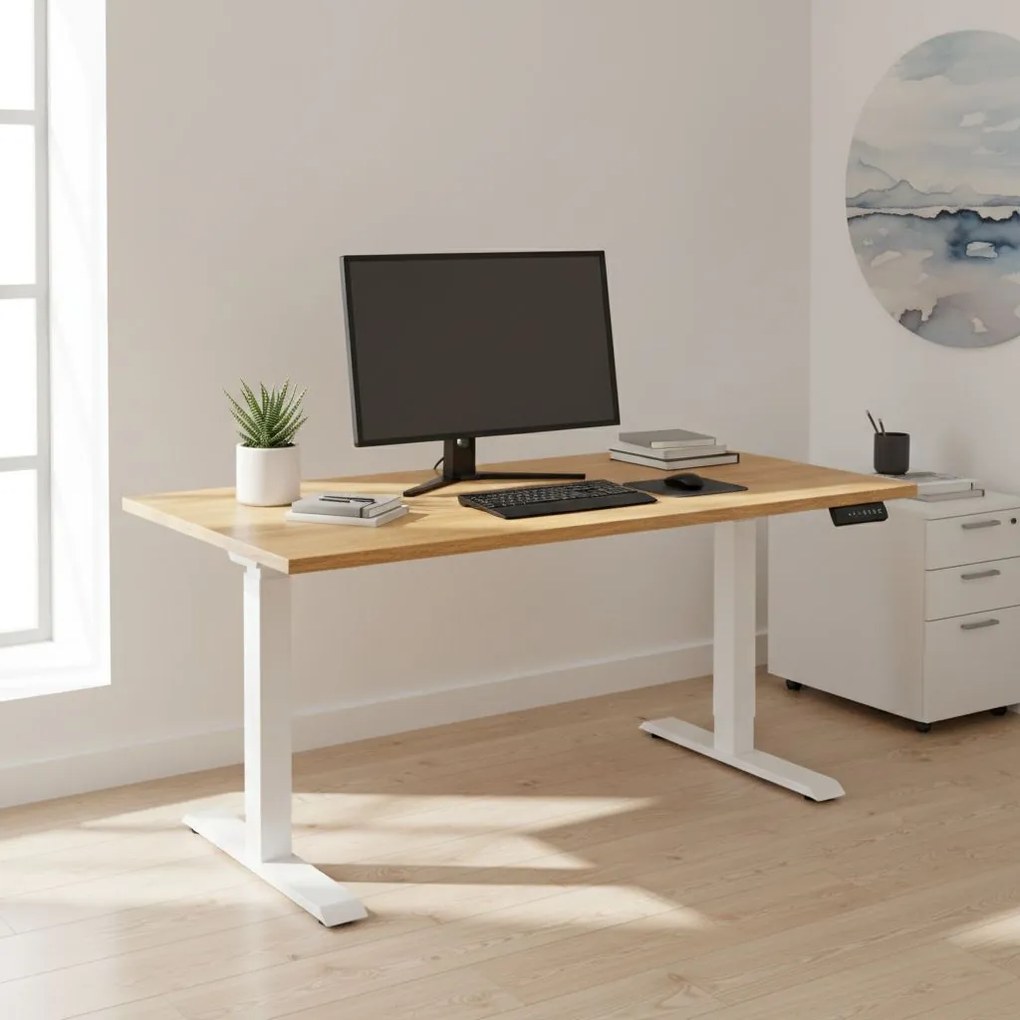 Výškově nastavitelný stůl OfficeTech C, 160 x 80 cm, bílá podnož, dub zlatý