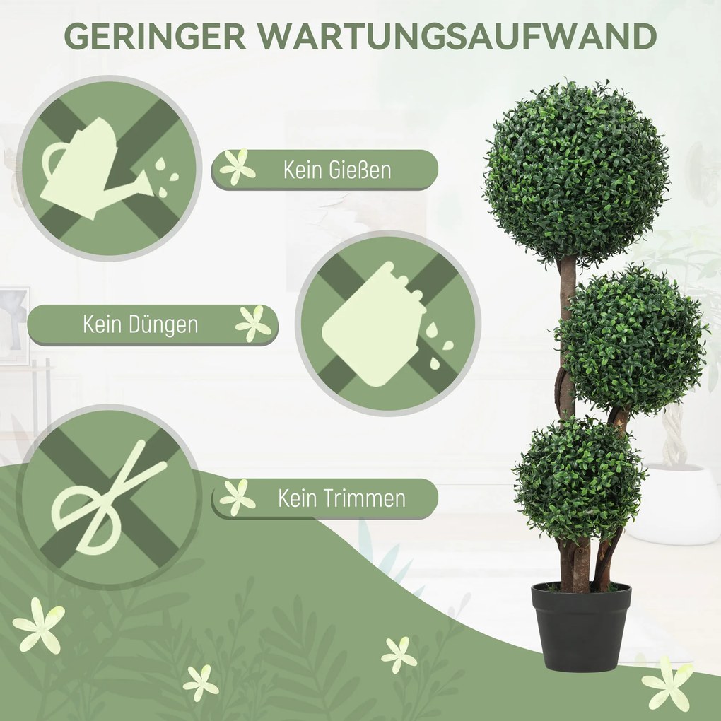 HOMCOM buxusový topiary 100 cm – velký strom se třemi koulemi, umělá rostlina s pravým dřevěným kmínkem v květináči, realistická dekorace do domu i v…