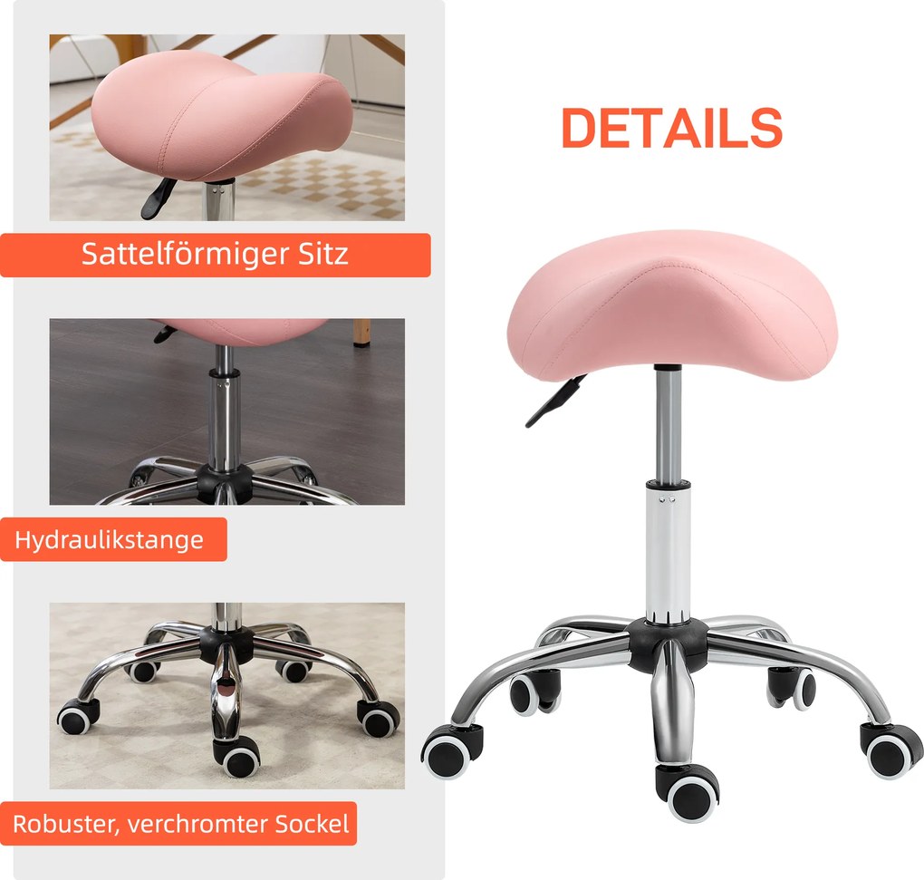 HOMCOM Výškově nastavitelná stolička 49-61 cm pracovní stolička 360° otočná stolička kancelářská stolička pro kancelář, salon, masáž, spa Růžová